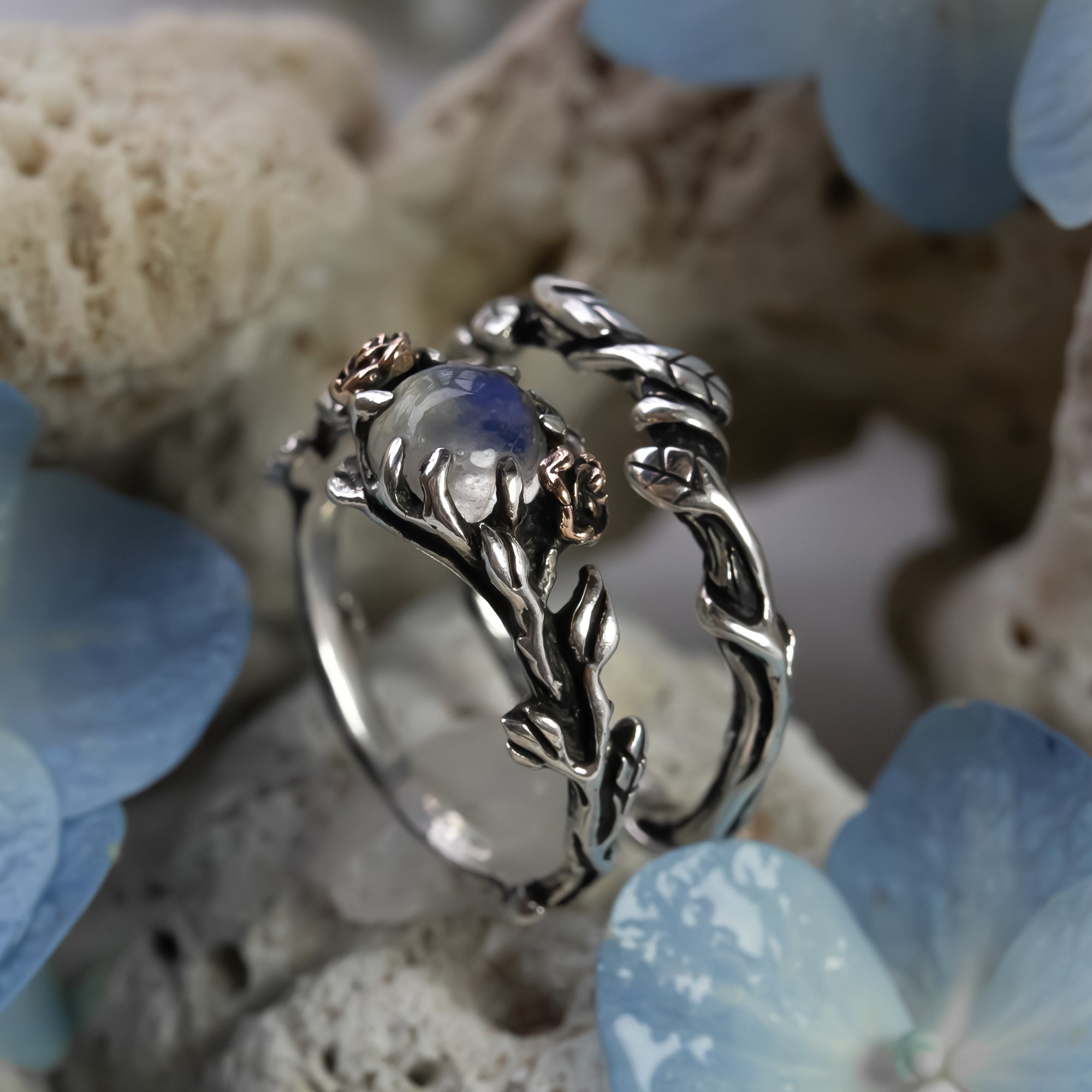 Primrose Moonstone Ring Set – Solid 14K Gold & Silver | BlackTreeLab