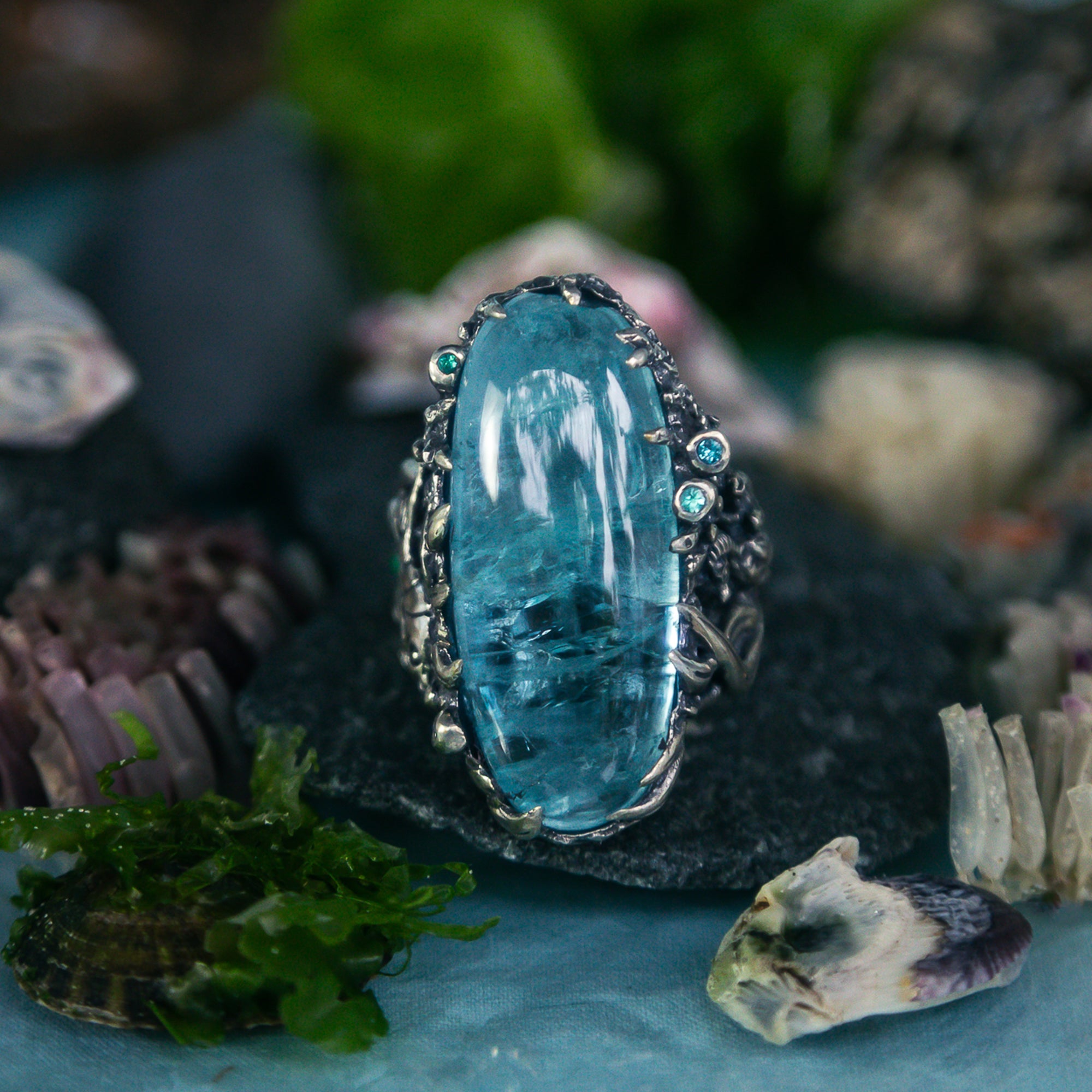 Sea-themed ring “Oceania” with large aquamarine | BlackTreeLab