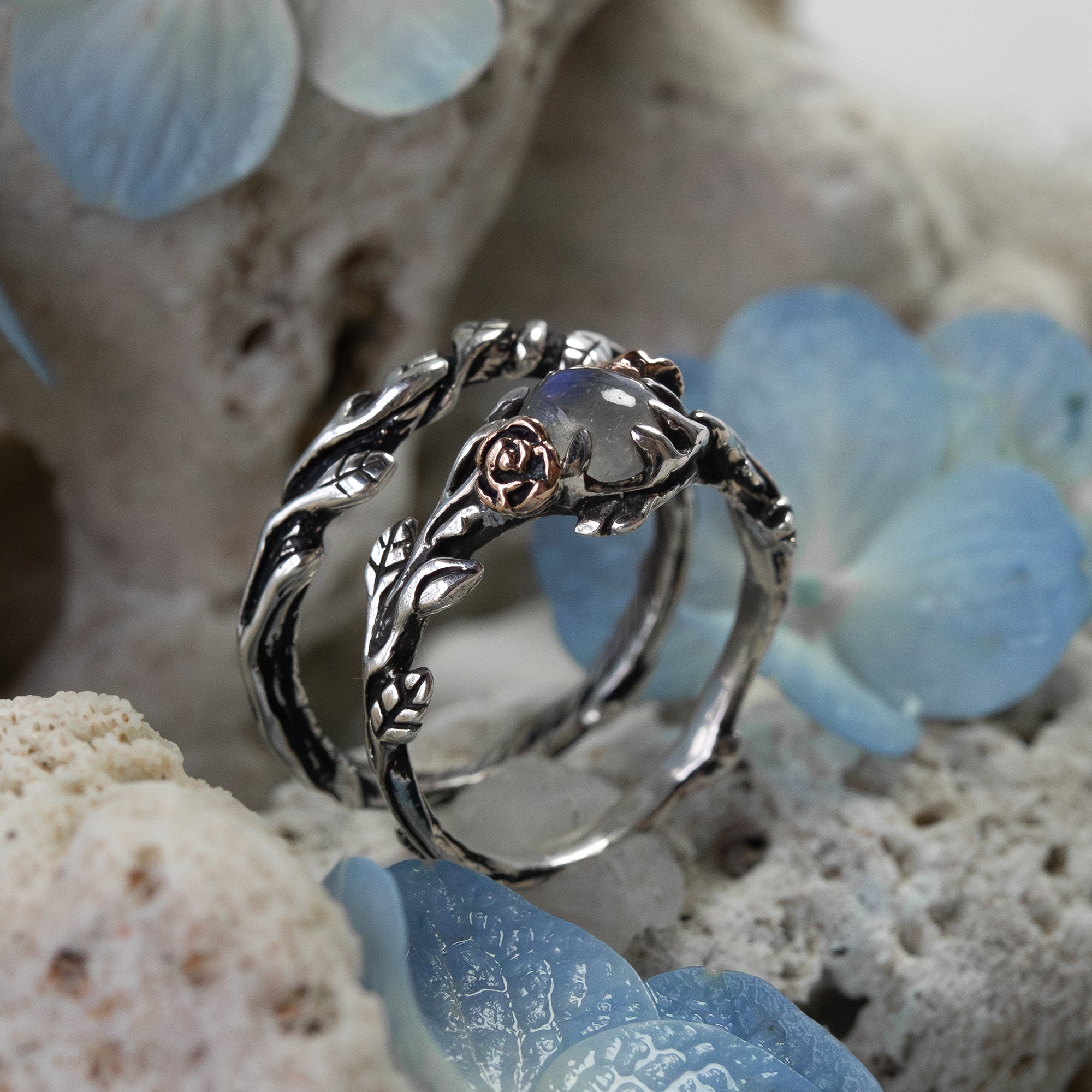 Primrose Moonstone Ring Set – Solid 14K Gold & Silver | BlackTreeLab