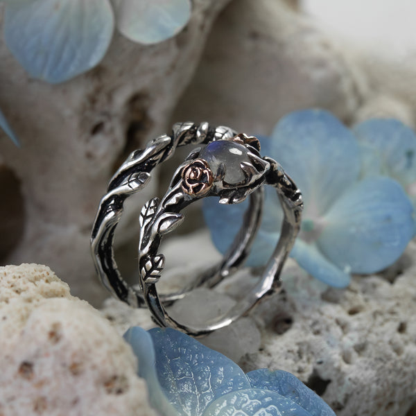 Primrose Moonstone Ring Set – Solid 14K Gold & Silver | BlackTreeLab