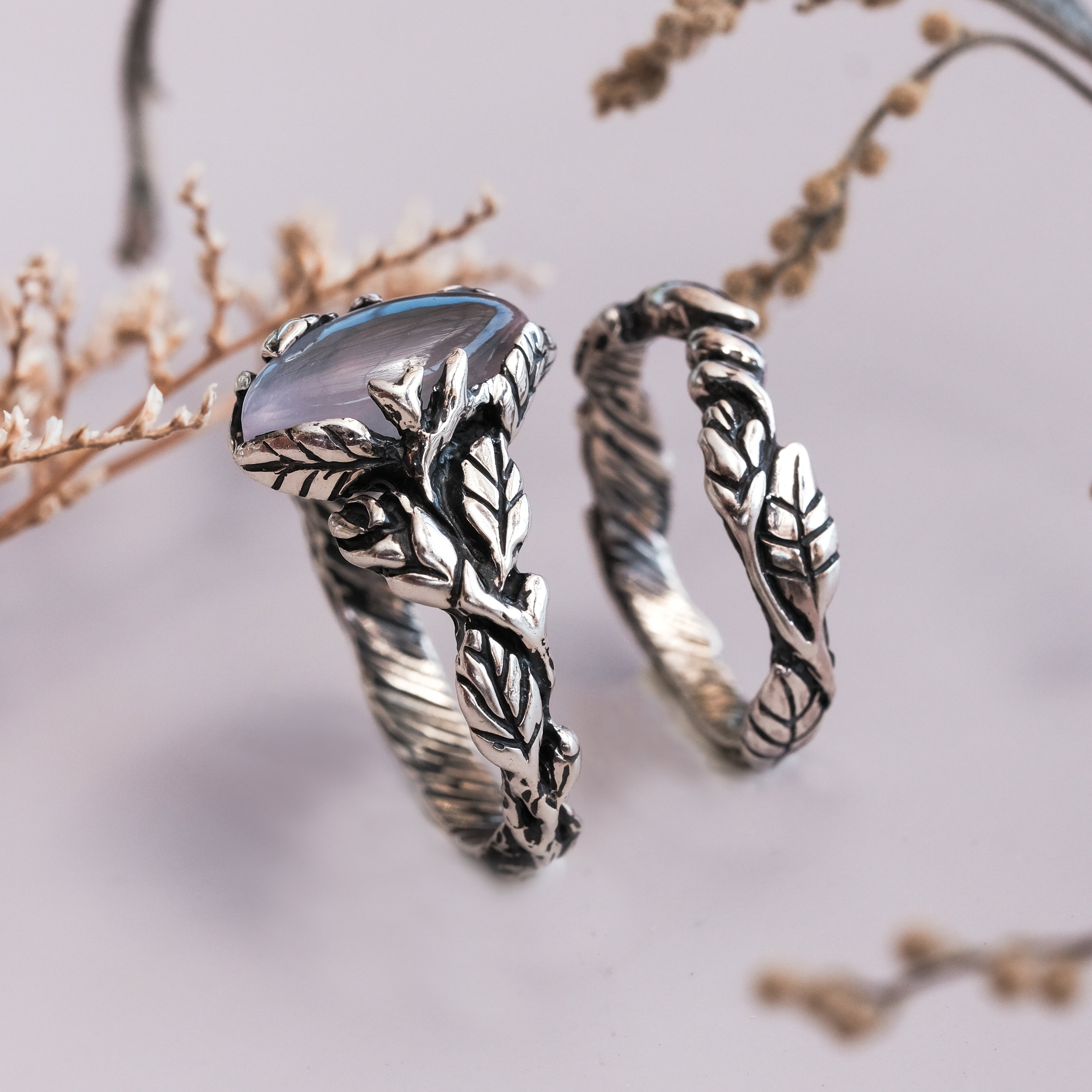 Romy Ring Set – Rose Quartz Engagement Ring in Sterling Silver | BlackTreeLab