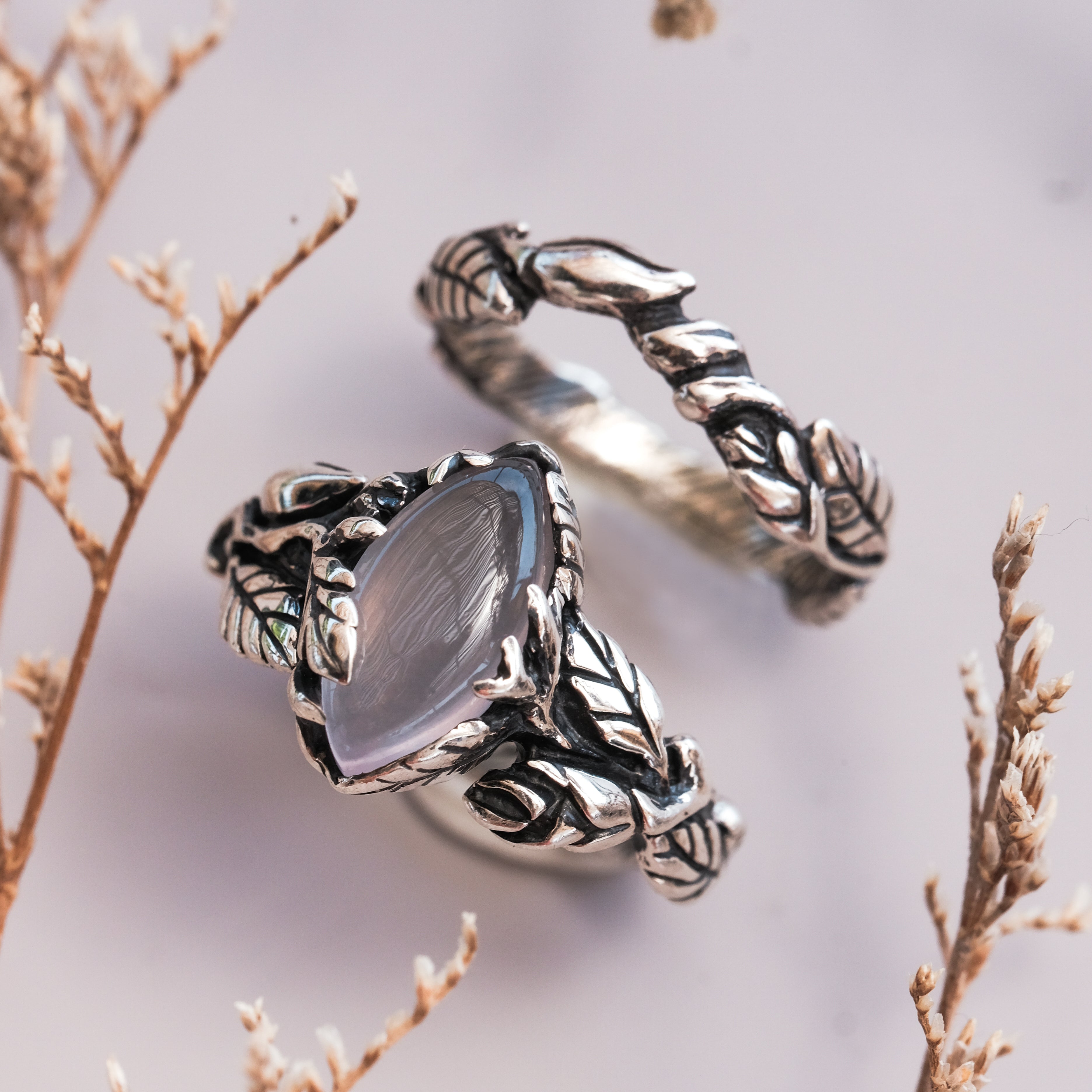 Romy Ring Set – Rose Quartz Engagement Ring in Sterling Silver | BlackTreeLab