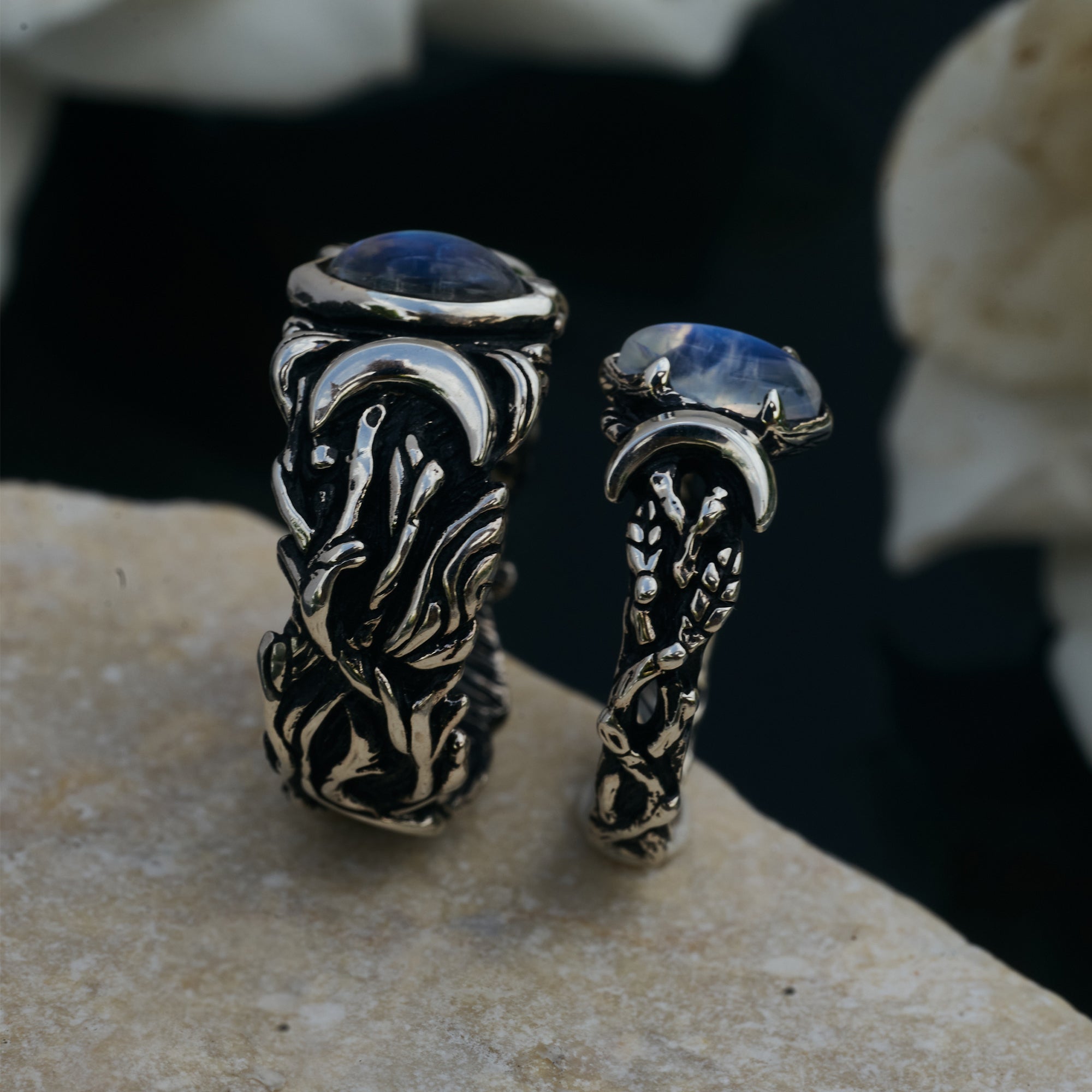 Triple Moon Couple Ring Set Moonstone – Handmade Silver Matching Rings ...