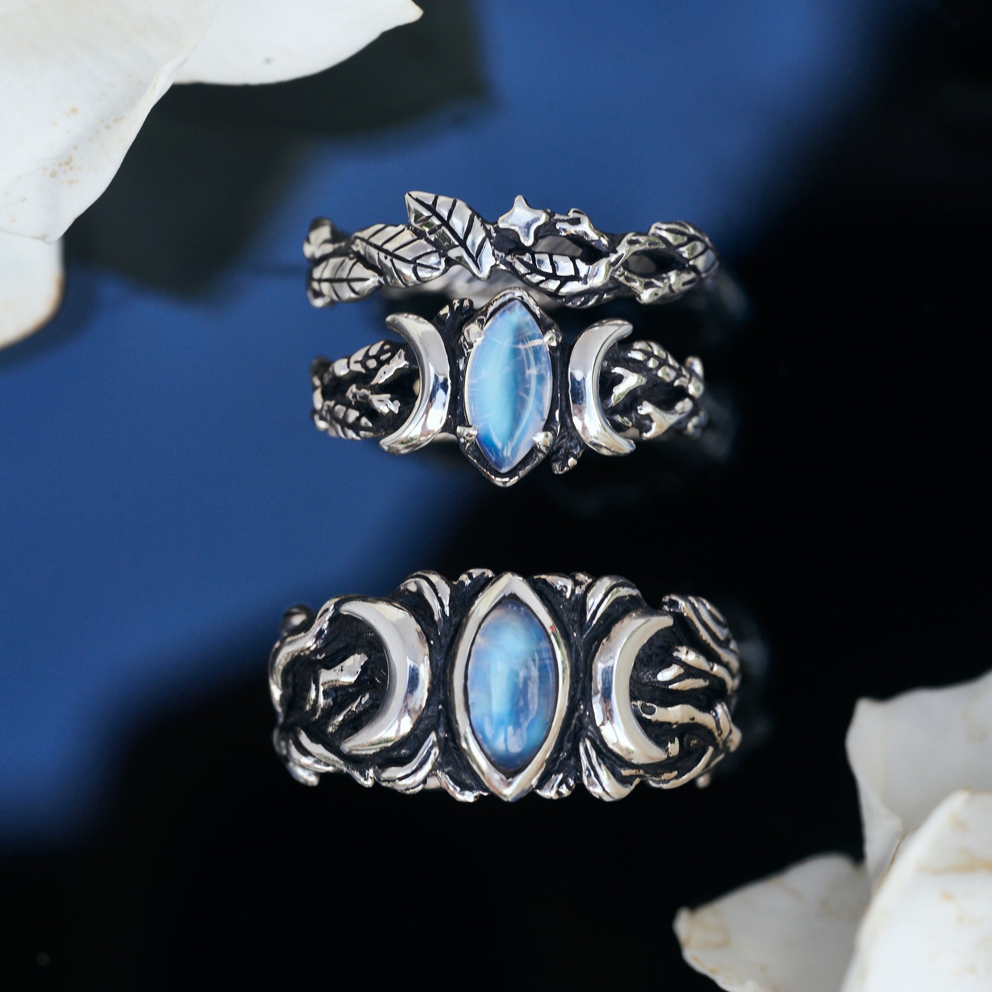 Matching Moonstone Wedding Rings Set "Soma" for Couples | BlackTreeLab