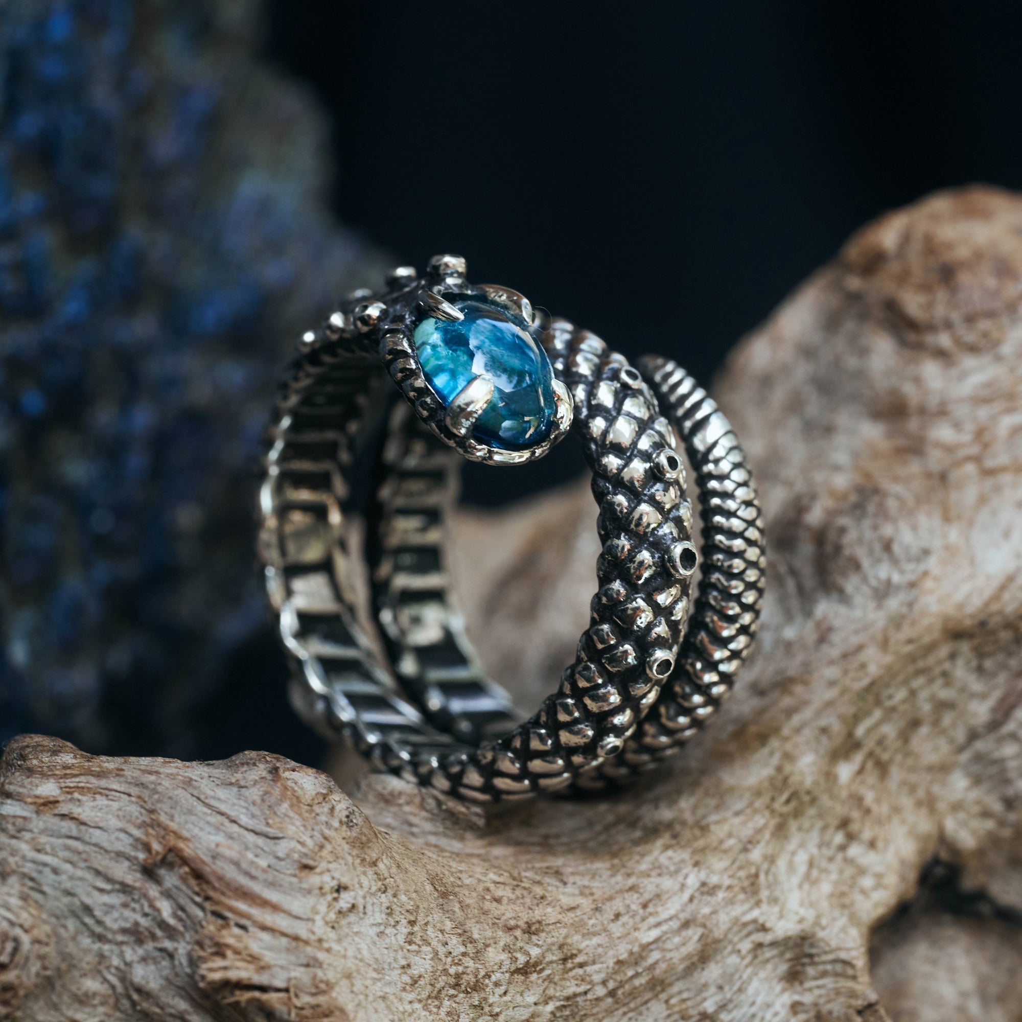 Blue Topaz Snake Ring "Cosmosnake" | BlackTreeLab