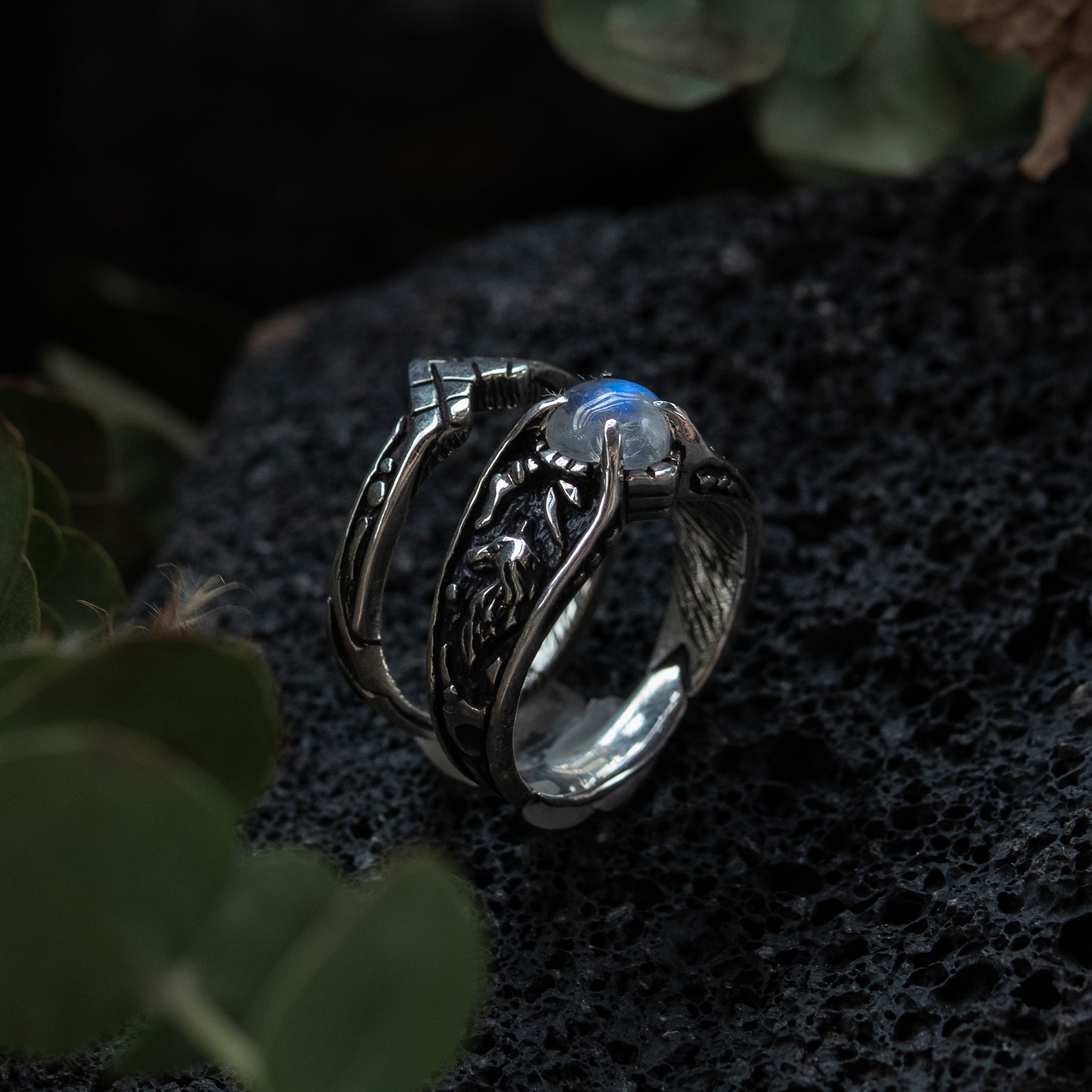Wolf Moonstone Ring Set – Norse Silver Wedding & Engagement Rings ...