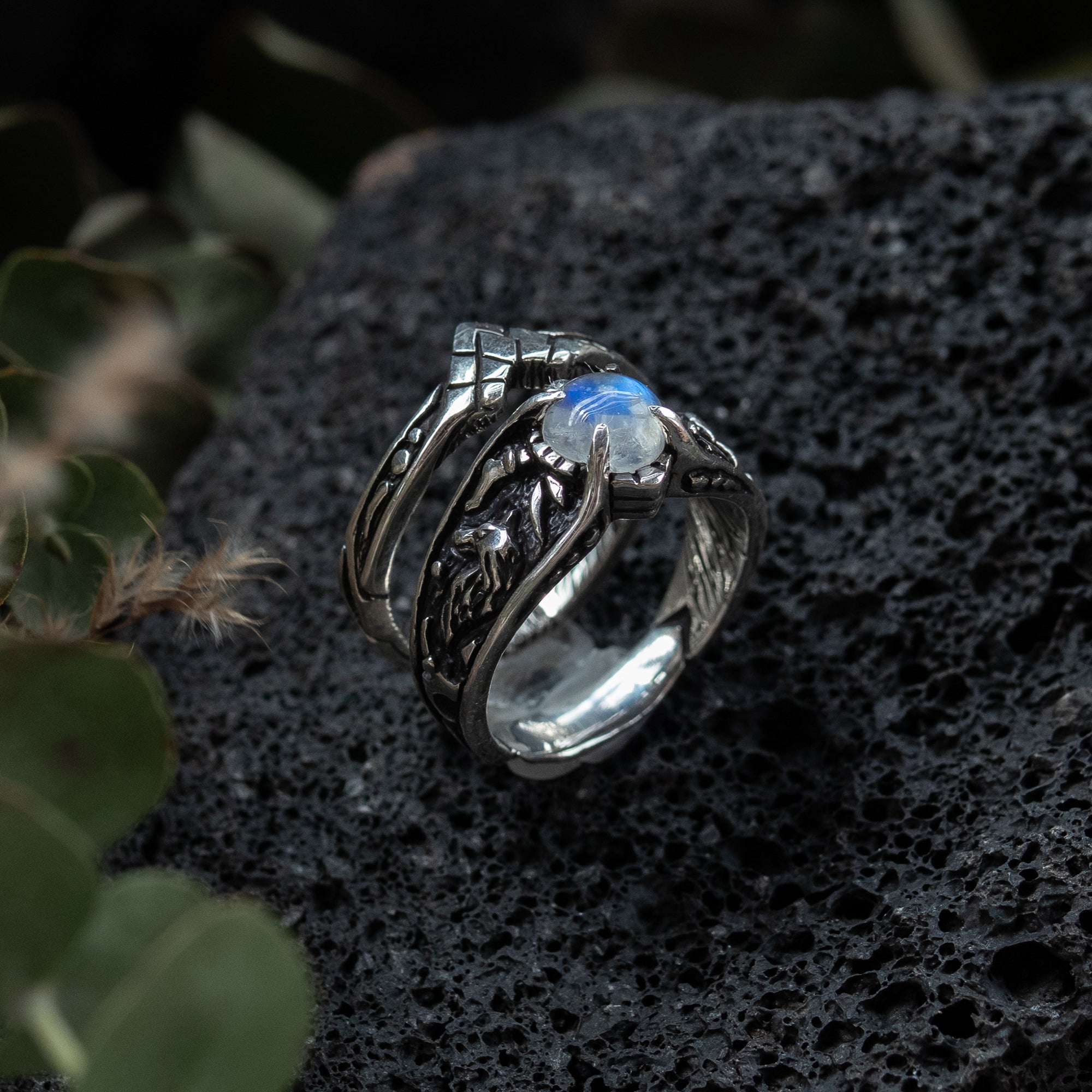 Wolf Moonstone Ring Set – Norse Silver Wedding & Engagement Rings ...