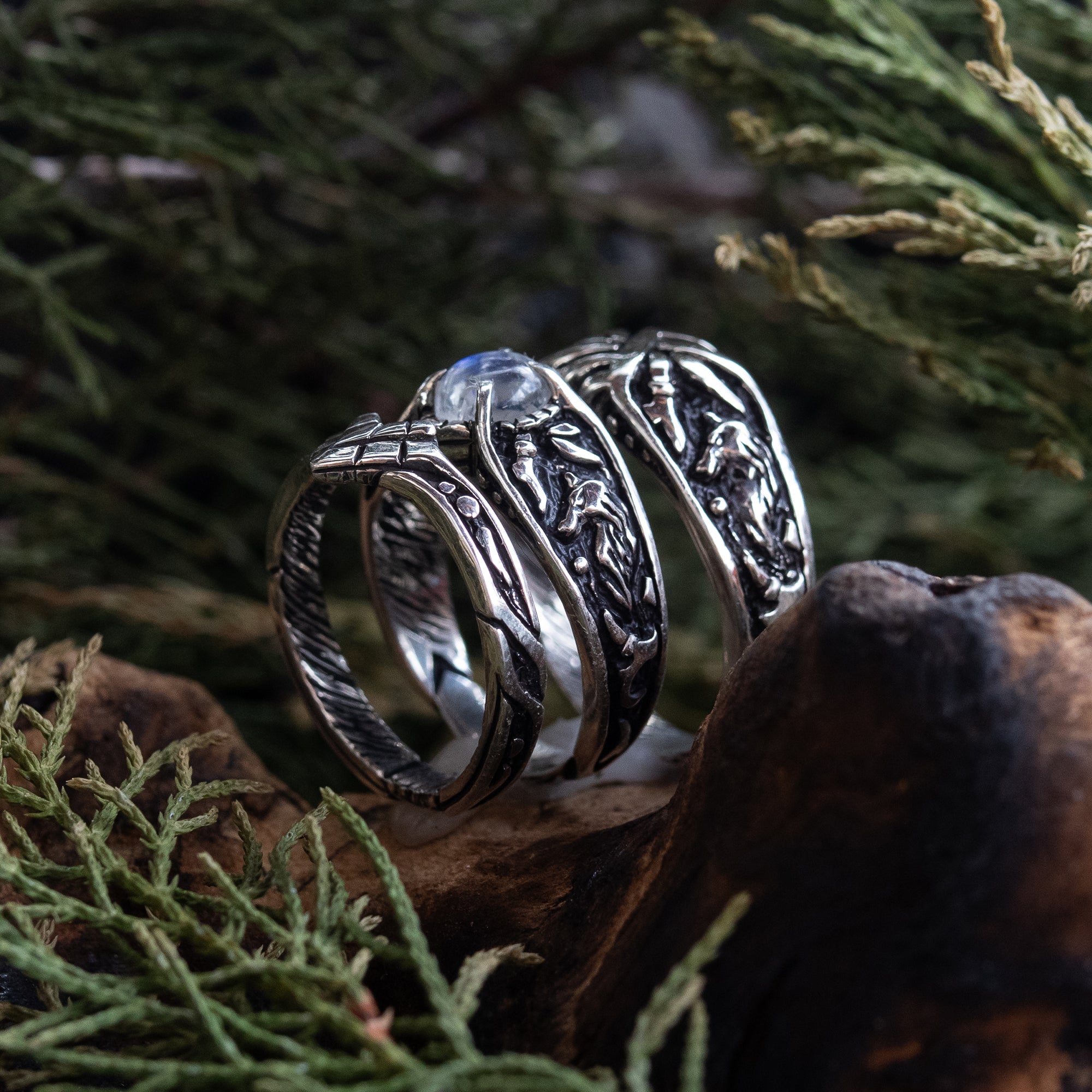 Wolf Wedding Ring Set – Sterling Silver Moonstone Bridal Set for ...