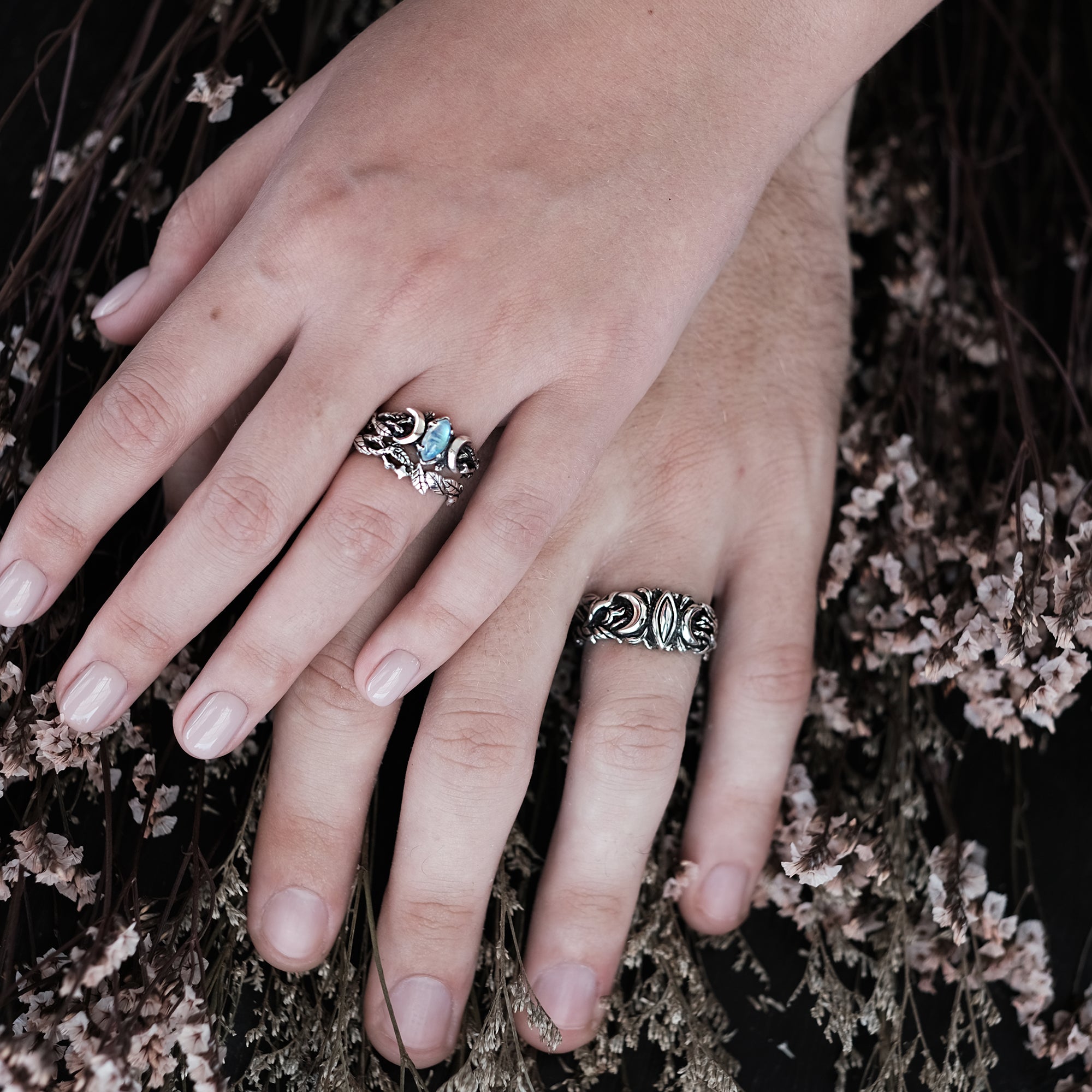 Symbolic Vintage Wedding Ring Set – Moonstone & Triple Moon | BlackTreeLab