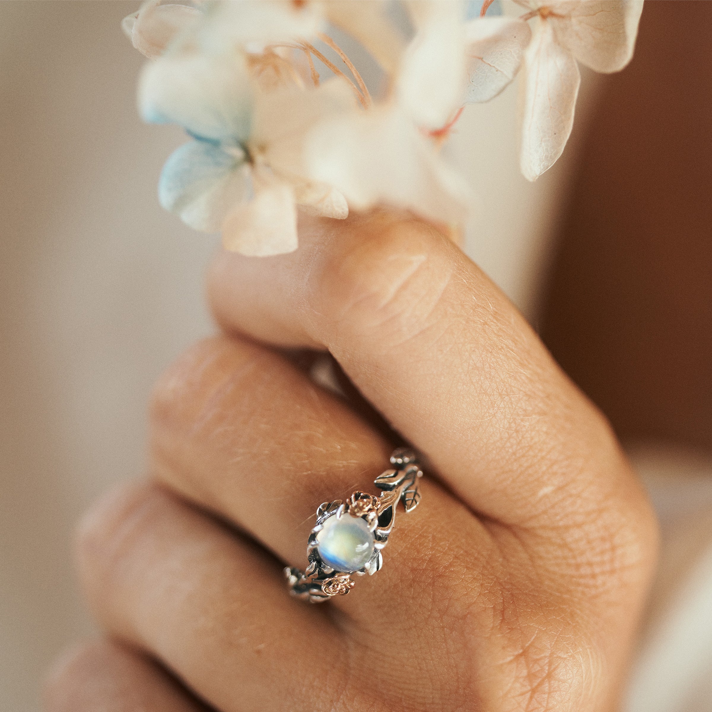 Primrose Moonstone Ring – Two Tone Silver & Gold Roses Ring | BlackTreeLab