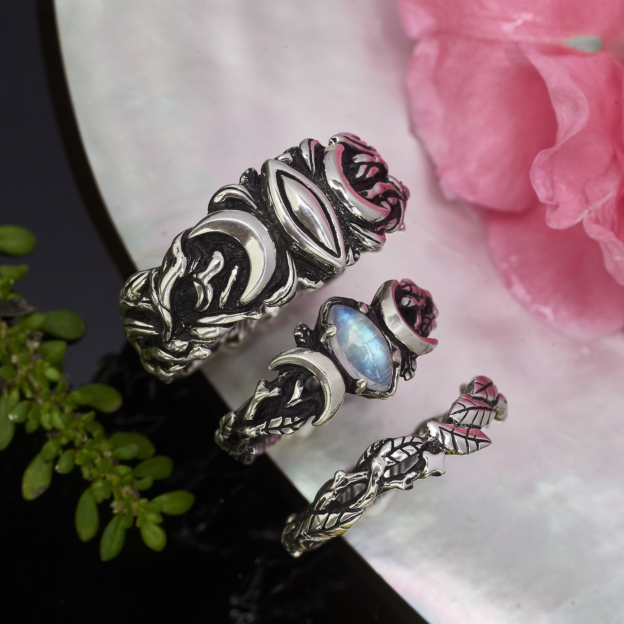 Symbolic Vintage Wedding Ring Set – Moonstone & Triple Moon | BlackTreeLab