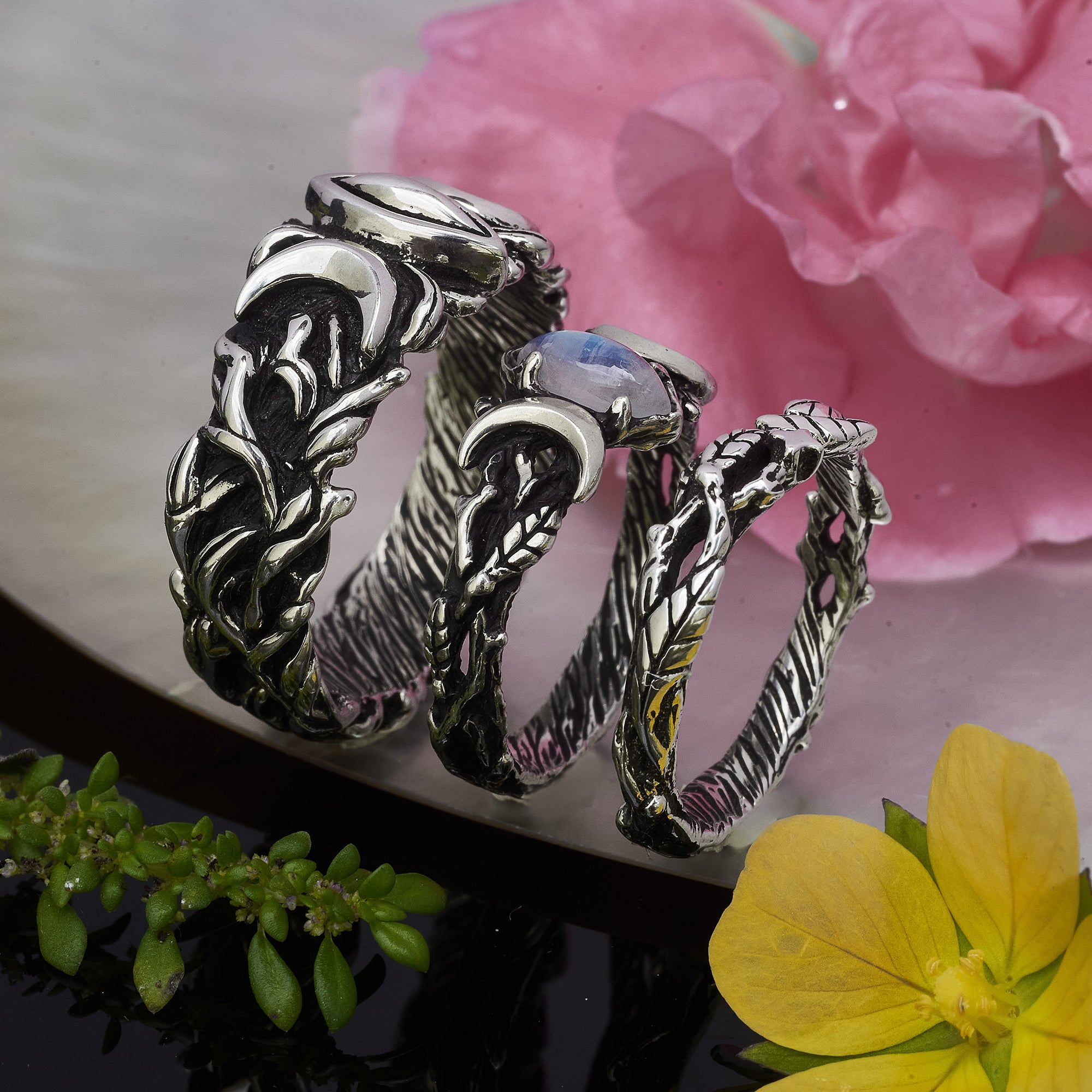 Symbolic Vintage Wedding Ring Set – Moonstone & Triple Moon | BlackTreeLab
